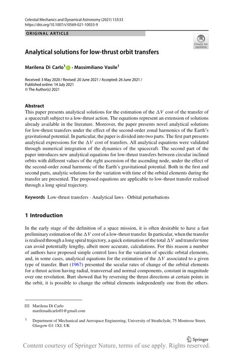 Pdf Analytical Solutions For Low Thrust Orbit Transfers