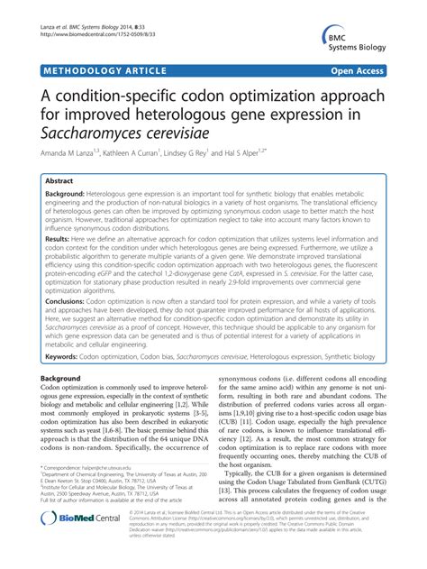 Pdf A Condition Specific Codon Optimization Approach For Improved