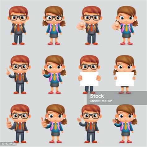 여 학생 남학생 교육 우수한 학생 천재 학교 배낭 영리한 학생 소녀 스마트 유니폼 정장 3d 만화 문자 벡터 일러스트 레이 션 감정에 대한 스톡 벡터 아트 및 기타 이미지