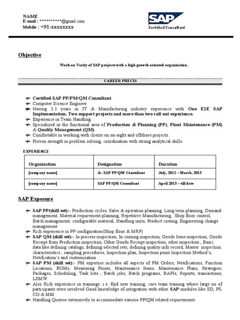 Sap Pp Sample Resume 3 Pdf Concrete Information Technology Management