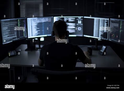 Programmer Working On Computers With Multiple Monitors Back View Stock