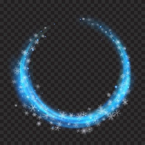 투명한 배경에 밝은 파란색의 반짝이와 눈송이가 있는 빛나는 고리 조명 효과 어두운 배경에 사용합니다 벡터 형식의 투명도