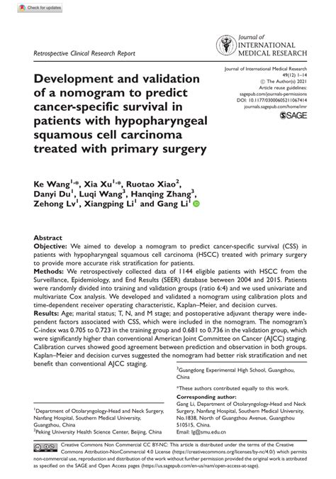 Pdf Development And Validation Of A Nomogram To Predict Cancer Specific Survival In Patients