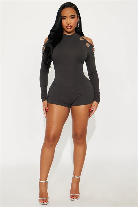 Dark Intentions Long Sleeve Grommet Romper Charcoal Fashion Nova
