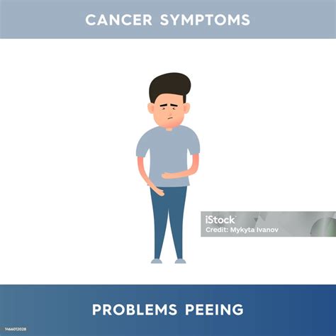 배뇨에 문제가 있는 슬픈 남자의 벡터 그림 고통 스럽거나 어려운 배뇨 암 전립선 염의 증상 의료 기사 포스터 및 스탠드에 대한