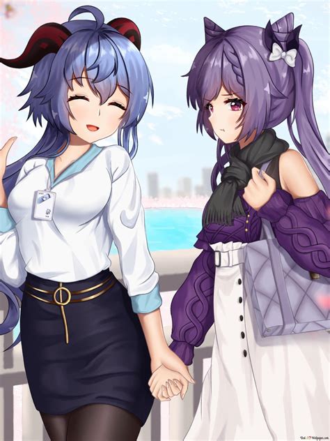 Ganyu Keqing Together Walking Under Cherry Tree Genshin Impact K Wallpaper Download