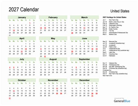 United States 2027 Calendar With Holidays