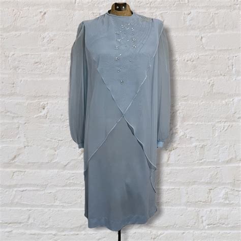 Vintage Dresses Vintage 7s Light Blue Sheer Layered Long Sleeve