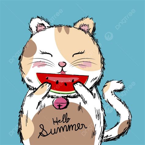 Cat Holding Watermelon Vector Illustration Character Puss Eat Vector