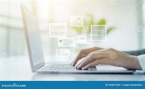 businessperson manages online documents on laptop digital documents float around laptop screen