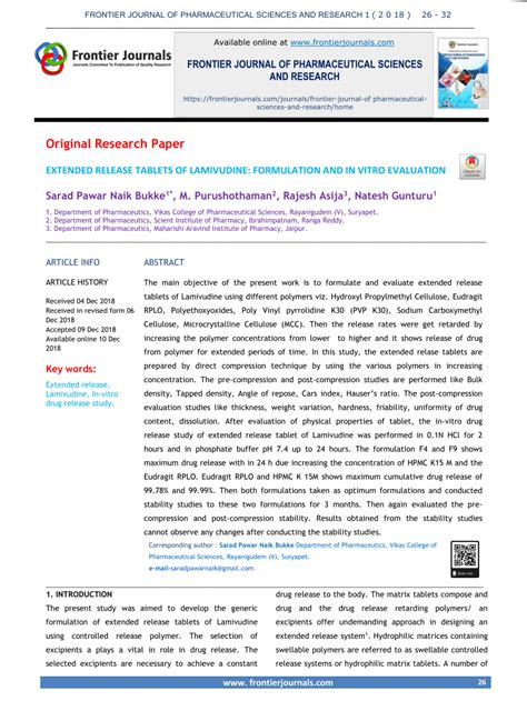 Pdf Original Research Paper Extended Release Tablets Of Lamivudine Formulation And In Vitro