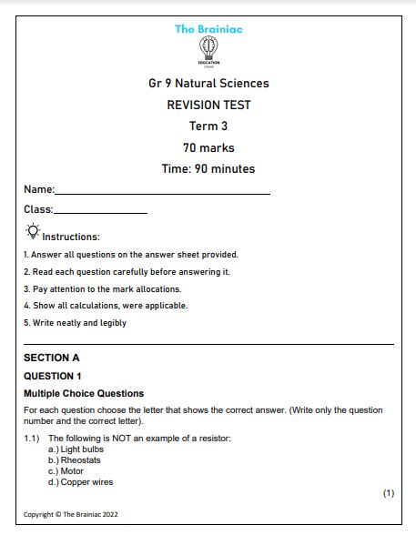 Gr 9 Ns Revision Test Term 3