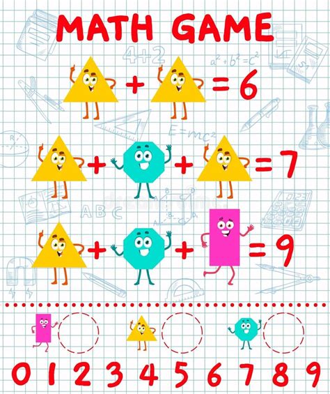 Addition Math Game With Cartoon Shape Characters Stock Vector