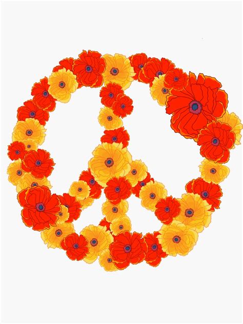 Peace Sign Floral Poppies Orange Yellow And Red Flowers Sticker