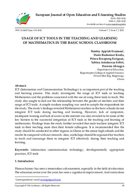 Pdf Usage Of Ict Tools In The Teaching And Learning Of Mathematics In The Basic School Classroom