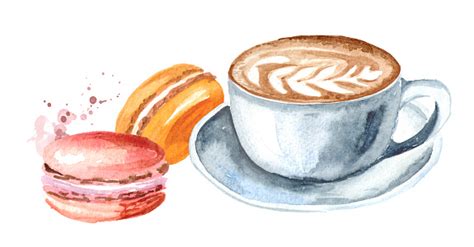 전통 프랑스 케이크 마카롱 이나 모닝 커피와 함께 마 카 롱 흰색 배경에 고립 수채화 손으로 그린 그림 카푸치노에 대한 스톡 벡터 아트 및 기타 이미지 Istock