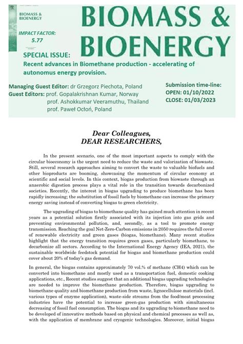 Pdf Invitation For Special Issue In Biomassandbioenergy Recent Advances In Biomethane Production