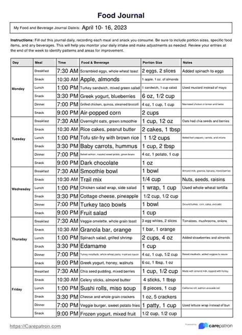 Printable Food Journal And Example Free Pdf Download