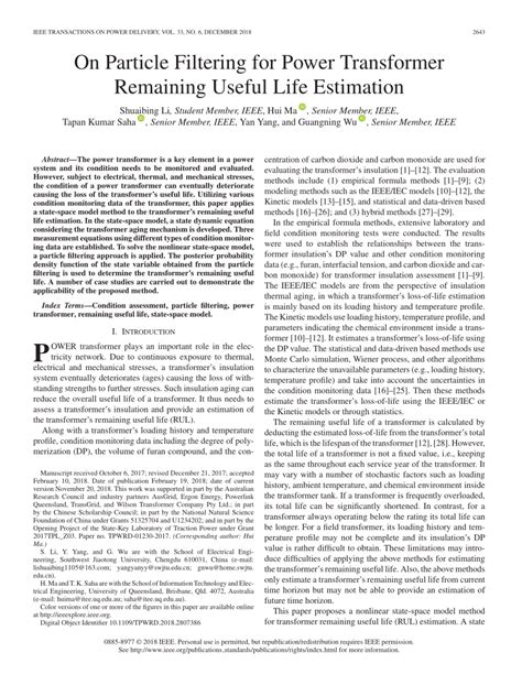 Pdf On Particle Filtering For Power Transformer Remaining Useful Life Estimation