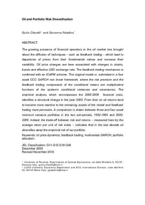 Pdf Oil And Portfolio Risk Diversification