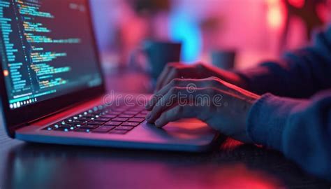 Hands Typing Code On Laptop Keyboard Illuminated Neon Light Purple