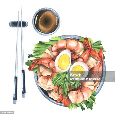소스 샐러드 메추라기 알 젓가락을 곁들인 세라믹 그릇에 삶은 새우 수채화 그림입니다 Shrimp 컬렉션의 구성 메뉴 요리법 카페의 디자인 및 디자인 갑각류에 대한 스톡 벡터