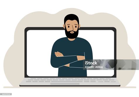 남자는 노트북 화면을 통해 화상 회의를 통해 의사 소통합니다 온라인 회의 웨비나 원격 근무 또는 재택 근무의 개념 0명에 대한 스톡 벡터 아트 및 기타 이미지 Istock