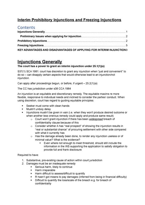 Civ Lit Injunctions Interim Prohibitory Injunctions And Freezing Injunctions Contents