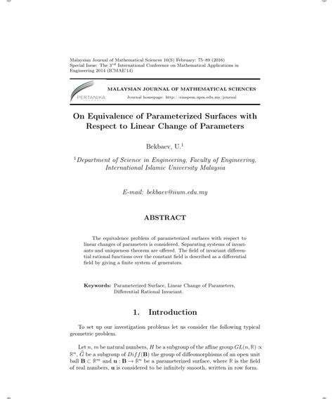 Pdf On Equivalence Of Parameterized Surfaces With Respect To Linear