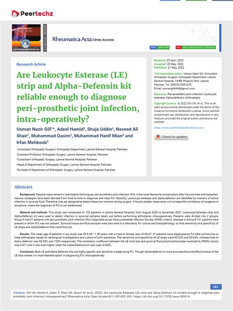 Are Leukocyte Esterase Le Strip And Alpha Defensin Kit Reliable