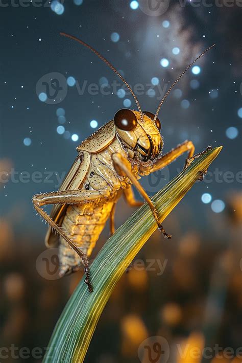 Golden Grasshopper Perched On Blade Of Grass Under Night Sky 66965005
