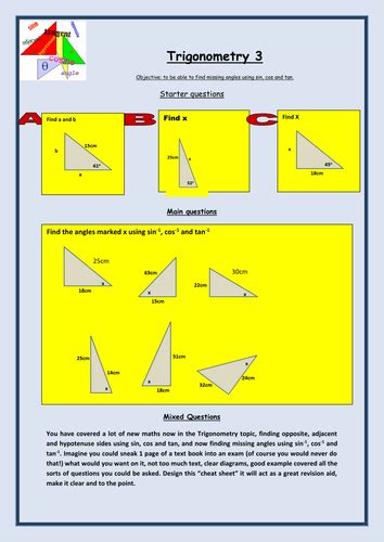 Trigononmetry Finding Angles Handout Teaching Resources