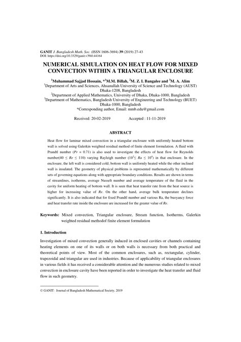 Pdf Numerical Simulation On Heat Flow For Mixed Convection Within A Triangular Enclosure