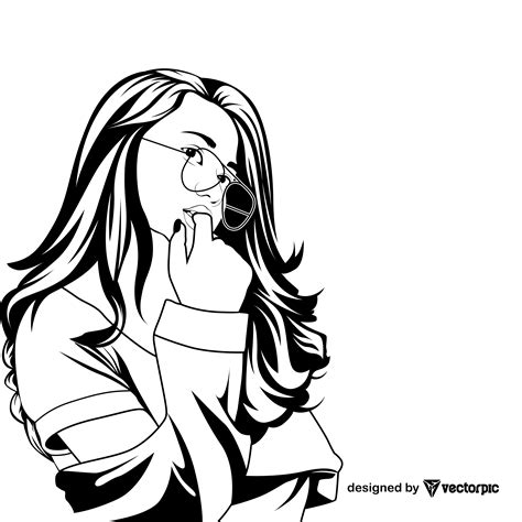 Sweet Girl Long Hair Line Art Design Free Vector Vectorpic