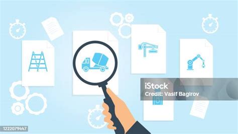 검색 아이콘으로 문서작성합니다 파일 및 돋보기 분석 연구 기호입니다 벡터 일러스트레이션 건물 건설 산업 로봇 파일 문서 연구 벡터 일러스트 개념에 대한 스톡 벡터 아트 및