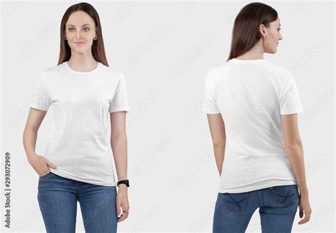 Front Back View Of Female Model Wearing White Crew Neck Plain T Shirt