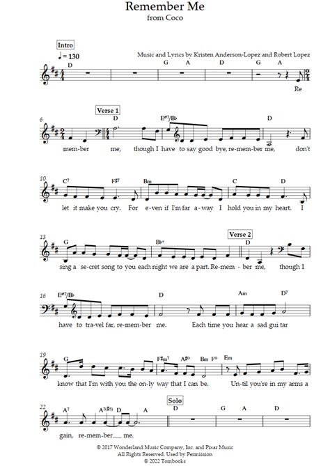 Coco Remember Me English Lyrics Kristen Anderson Lopez Vocal Sheet Music