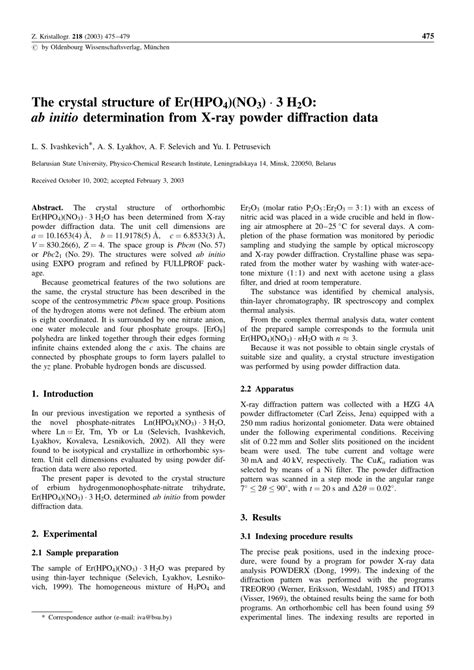 Pdf The Crystal Structure Of Erhpo4no3∙3h2o Ab Initio