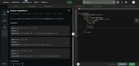 dsa geeksforgeeks gfg160 geekstreak2025 kadanealgorithm