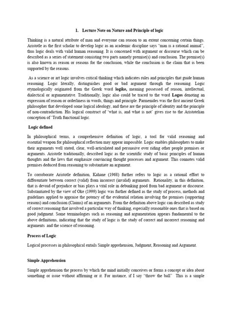 Lecture Note On Nature And Principle Of Logic Complete Notes Pdf Argument Logic