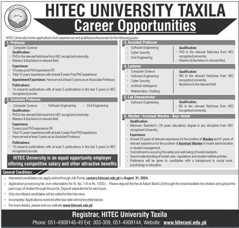 Hitec University Taxila Jobs For Teaching And Non Teaching Staff August 2024 Jobs Cafe