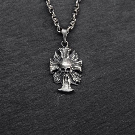 Skull Cross Necklace Cross With A Flame Sterling Silver Skull Pendant