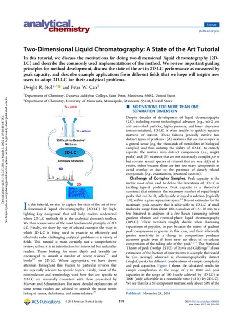 Pdf Two Dimensional Liquid Chromatography A State Of The Art Tutorial