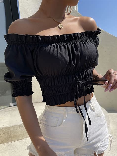Off Shoulder Knot Front Ruffle Trim Crop Blouse Clothes Blouses For