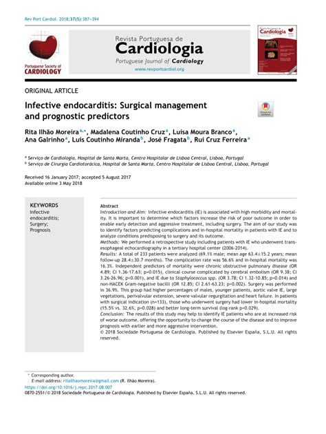 Pdf Infective Endocarditis Surgical Management And Prognostic Predictors