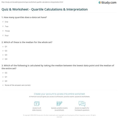 Quiz And Worksheet Quartile Calculations And Interpretation