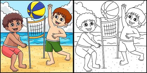 이 컬러링 페이지 는 여름 에 해변 배구 를 하는 소년 들 을 보여 준다 이 일러스트레이션 의 한 면 은 컬러링 되어 있으며
