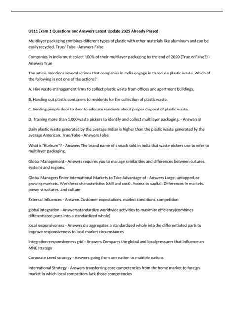 D311 Exam 1 Questions And Answers Latest Update 2025 Already Passed D311 Stuvia Us