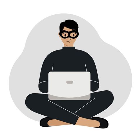 Premium Vector Hacker In A Black Mask With A Computer The Cybercriminal Is Holding A Laptop