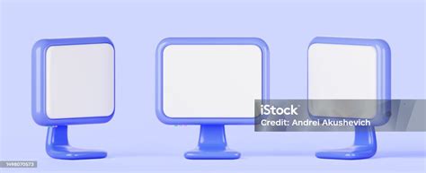 3d 렌더링 컴퓨터 모니터 전면 및 측면 보기 파란색 프레임과 빈 흰색 화면이 있는 모형 데스크탑 Pc 배경에 격리된 광고를 위한 디지털 디스플레이 만화 세트 아이콘 0명에